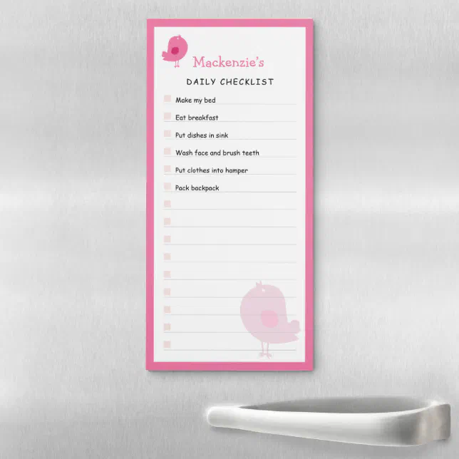 Cute Pink Bird Daily Chore Checklist Magnetic Notepad | Zazzle
