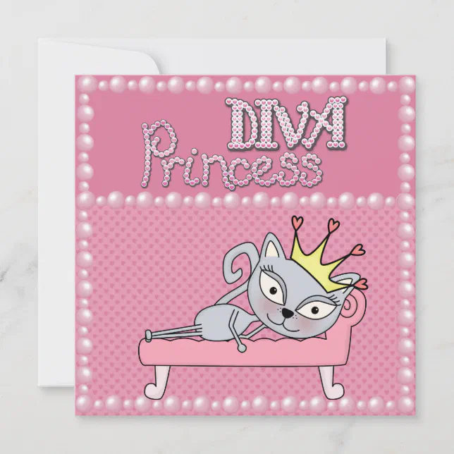 Cute Pink Birthday Party Diva Princess Kitty Cat Invitation | Zazzle