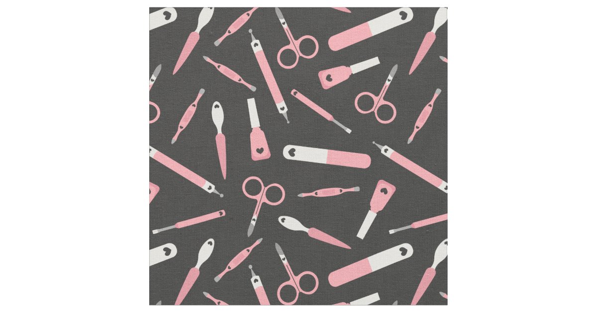Cute Pink Black White Manicurist Tools Pattern Fabric | Zazzle