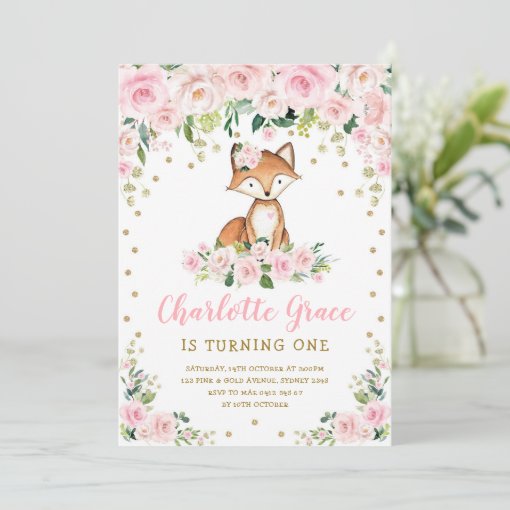 Cute Pink Blush Floral Woodland Fox Girls Birthday Invitation | Zazzle
