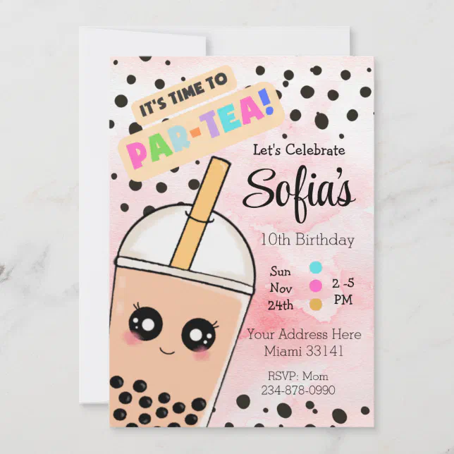 Cute Pink Boba Tea Girl Birthday Party Invitation | Zazzle