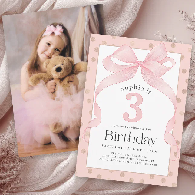 Cute Pink Bow and Dots Photo 3rd Birthday Invitation | Zazzle