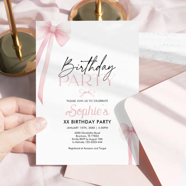 Cute Pink Bow Birthday Invitation | Zazzle