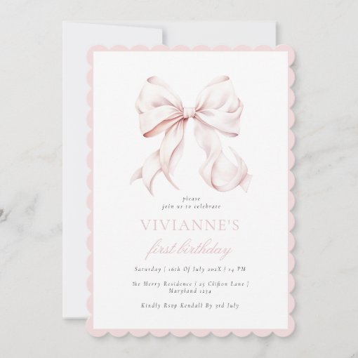 Cute Pink Bow Girl First Birthday Invitation | Zazzle