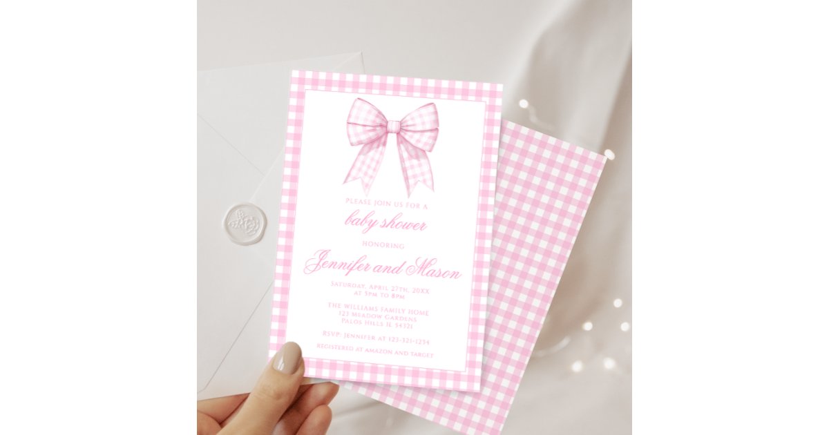 Cute pink bow ribbon baby girl shower invitation | Zazzle