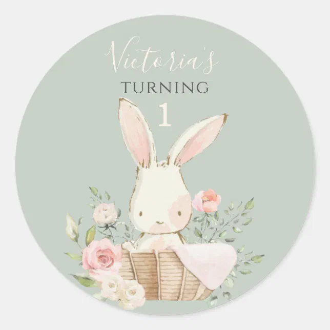 Cute Pink Bunny 1 One Birthday Green Classic Round Sticker | Zazzle