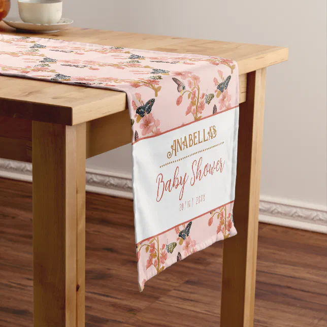 Cute Pink Butterfly Baby Shower Short Table Runner | Zazzle