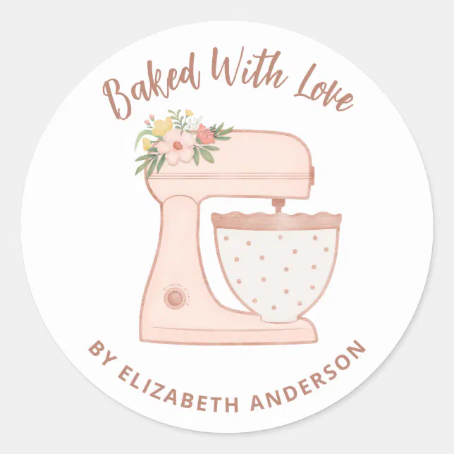 Cute Pink Cake Mixer Baked With Love Classic Round Sticker | Zazzle