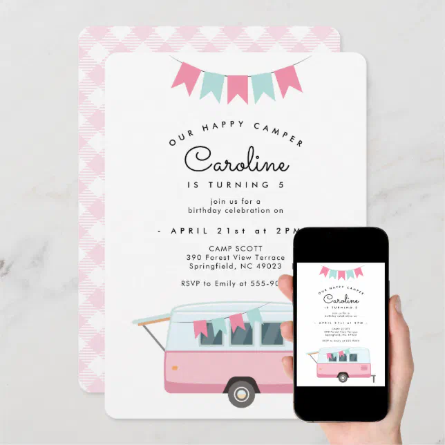 Cute Pink Camping Happy Camper Birthday Invitation | Zazzle
