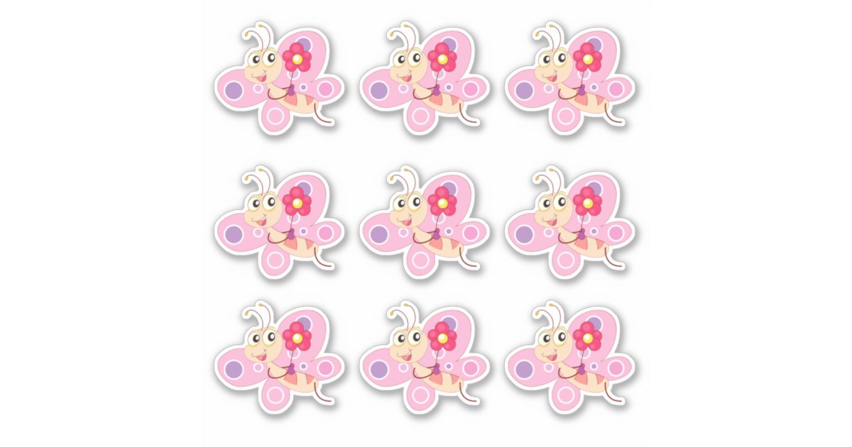 Cute Pink Cartoon Butterfly Sticker | Zazzle