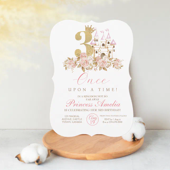 Cute Pink Castle Gold Crown Princess 3rd Birthday Invitation | Zazzle