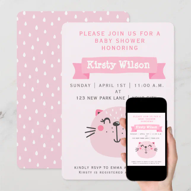 Cute Pink Cat | Baby Shower Invitation | Zazzle