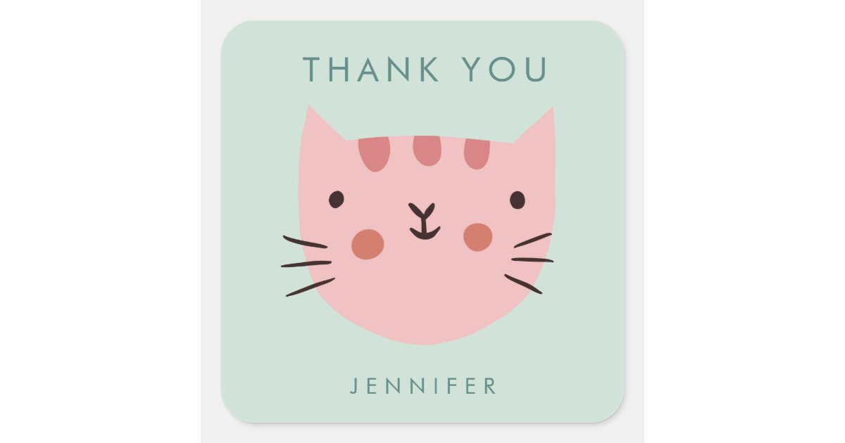 Cute Pink Cat Birthday thank you Square Sticker | Zazzle