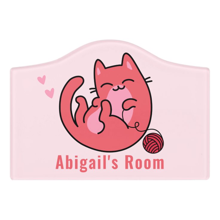 Cute Pink Cat Cartoon - Kids' Door Sign | Zazzle