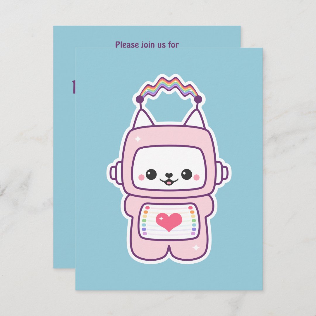 Cute Pink Cat Robot Birthday Party Invitations | Zazzle