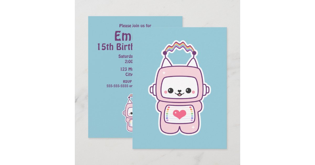Cute Pink Cat Robot Birthday Party Invitations | Zazzle
