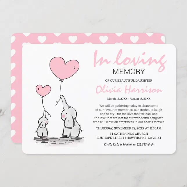 Cute Pink Children's In Loving Memory Funeral Invitation | Zazzle