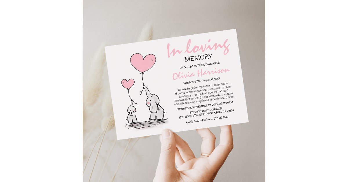 Cute Pink Children's In Loving Memory Funeral Invitation | Zazzle