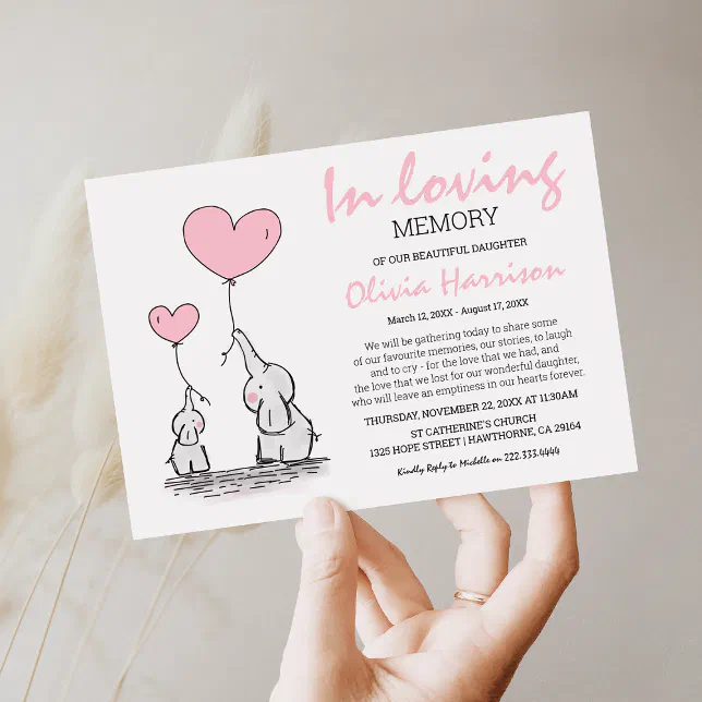 Cute Pink Children's In Loving Memory Funeral Invitation | Zazzle