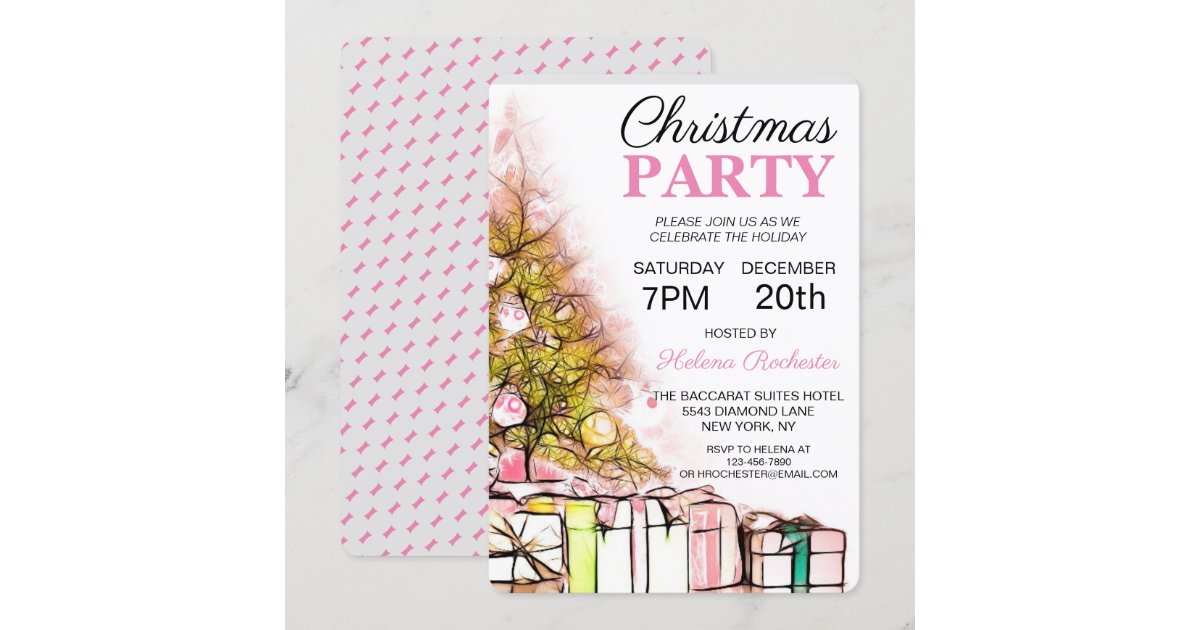 Cute Pink Christmas Tree & Presents Holiday Invitation | Zazzle