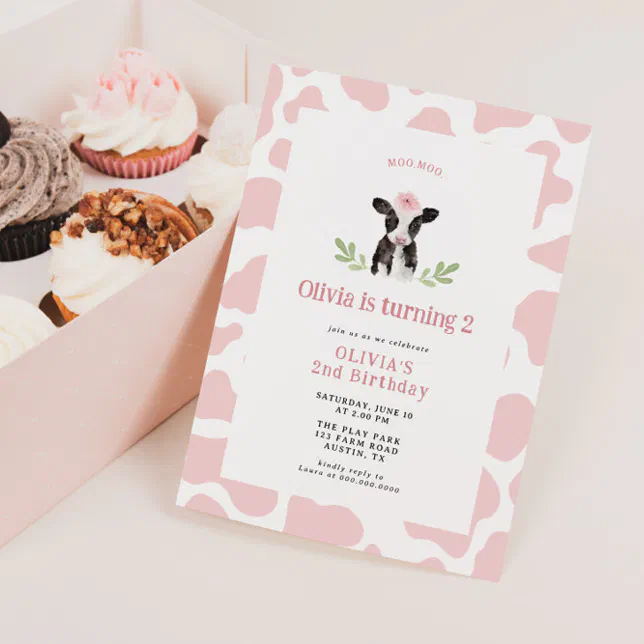 Cute Pink Cow Pattern Birthday Invitation | Zazzle
