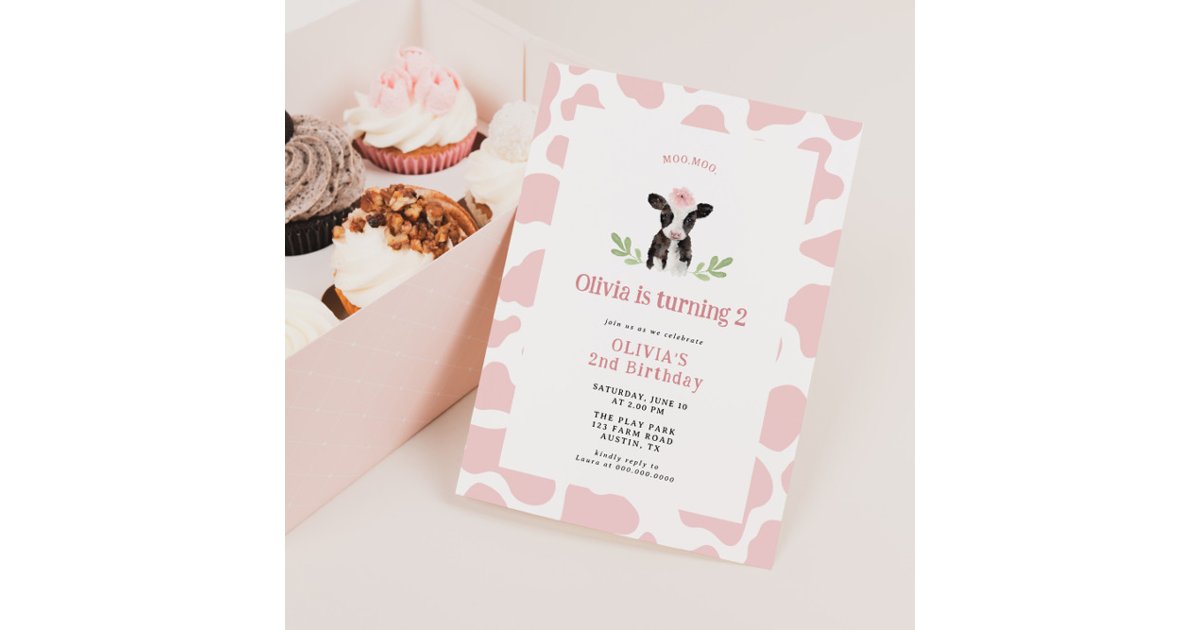 Cute Pink Cow Pattern Birthday Invitation | Zazzle