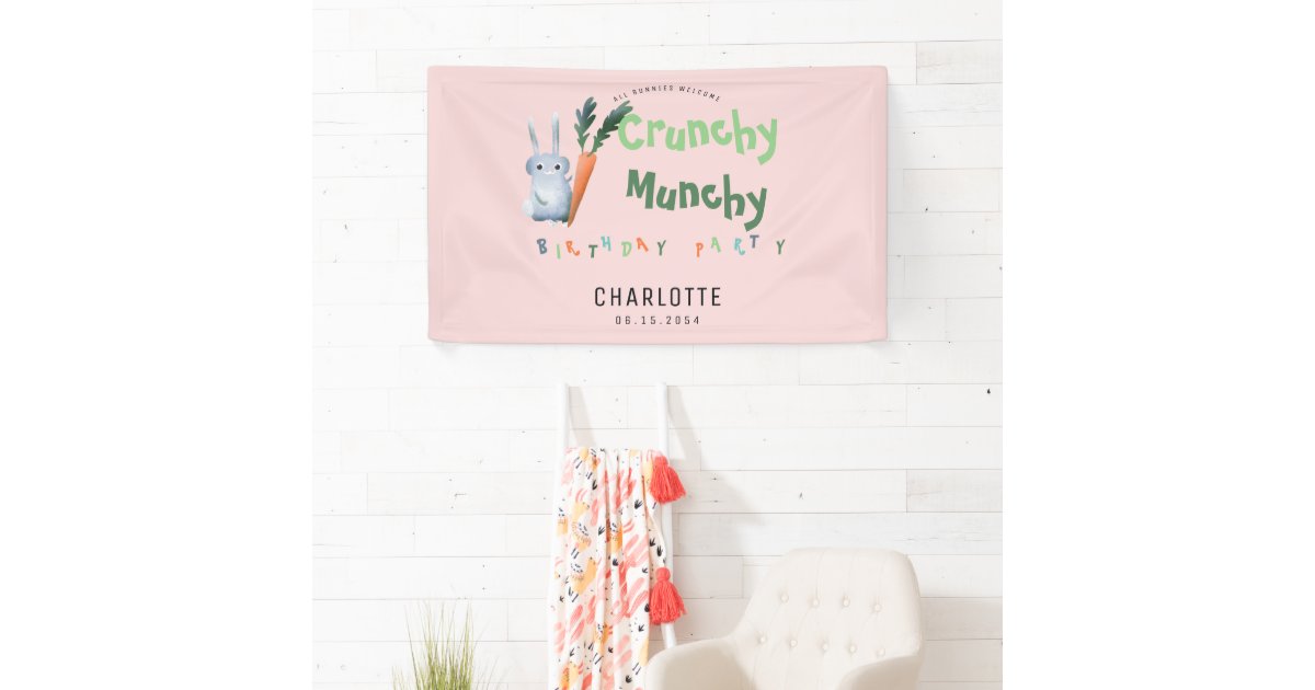 Cute Pink Crunchy Munchy Bunny Girl Birthday Party Banner | Zazzle