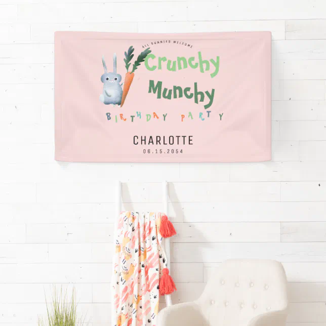 Cute Pink Crunchy Munchy Bunny Girl Birthday Party Banner | Zazzle