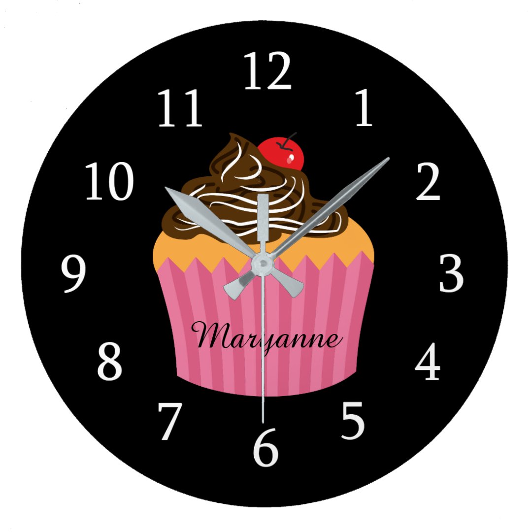Cute Pink Cupcake On Black Personalized Kitchen Large Clock | Zazzle