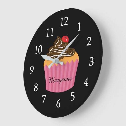 Cute Pink Cupcake On Black Personalized Kitchen Large Clock | Zazzle