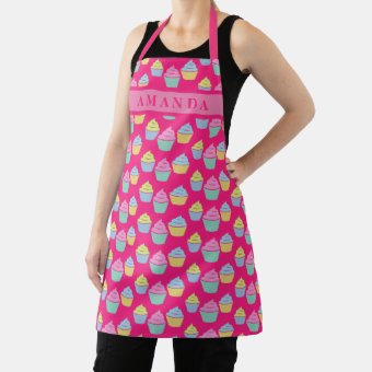 Cute pink cupcake print custom name kitchen baking apron | Zazzle