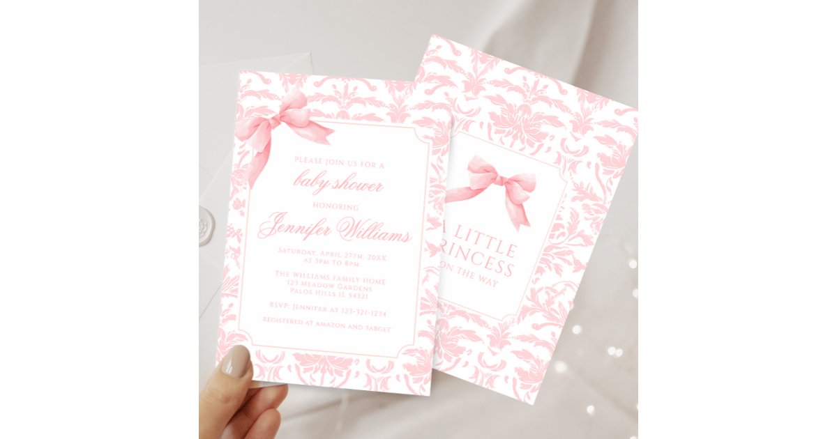 Cute pink damask bow ribbon baby shower invitation | Zazzle