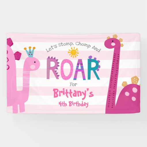 Cute Pink Dinosaurs Stomp Chomp Roar Girl Birthday Banner | Zazzle