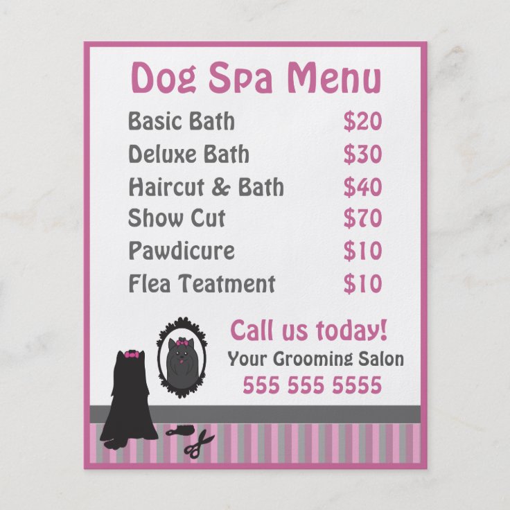 Cute Pink Dog Grooming Spa Menu Flyer | Zazzle