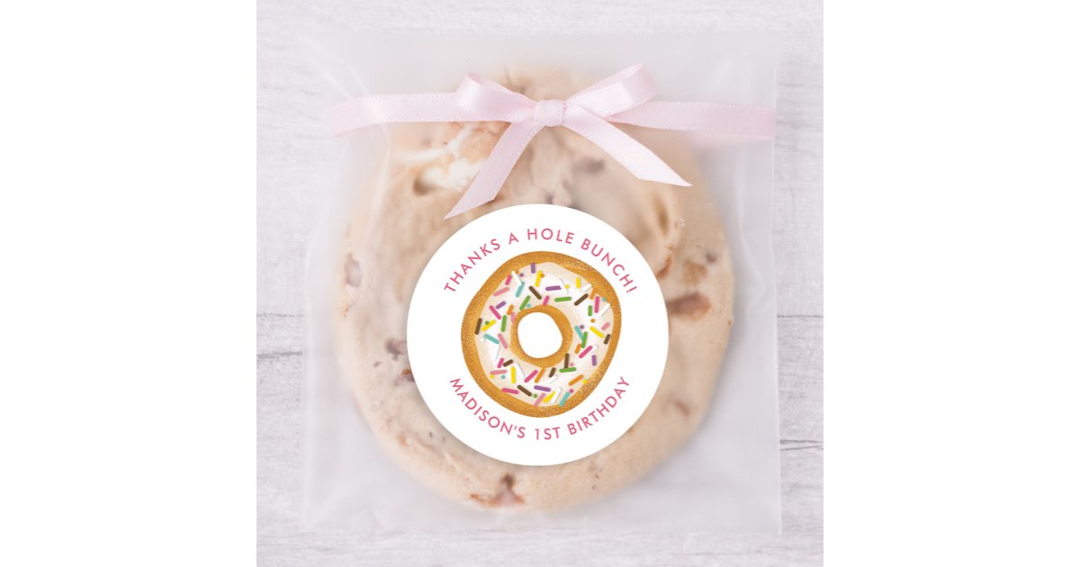Cute Pink Donut Birthday Party Favor Classic Round Sticker | Zazzle