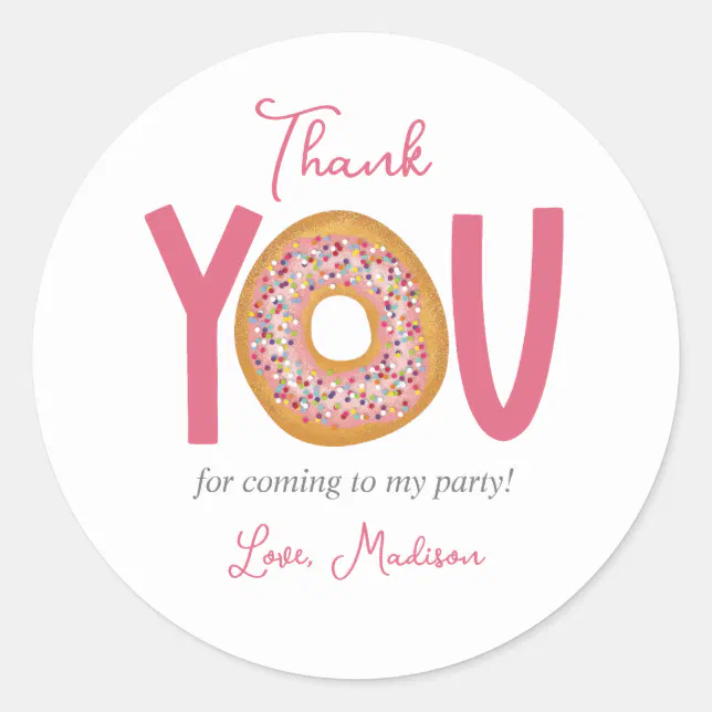 Cute Pink Donut Birthday Party Favor Classic Round Sticker | Zazzle