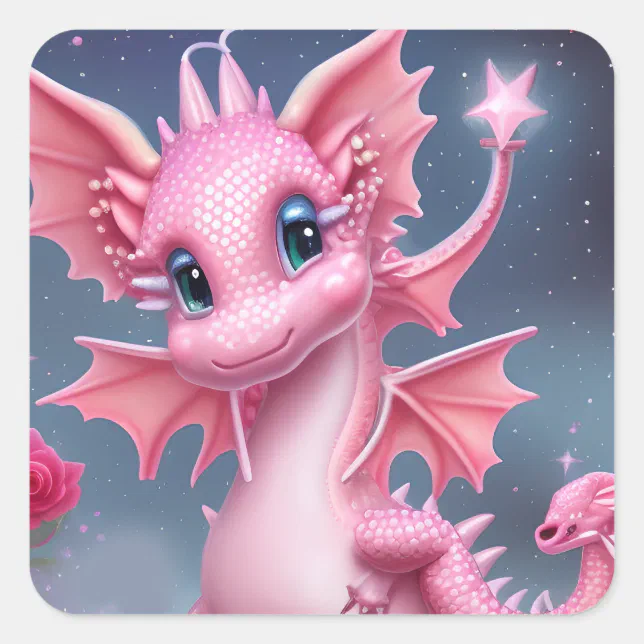 Cute Pink Dragon with Pink Flowers Square Sticker | Zazzle