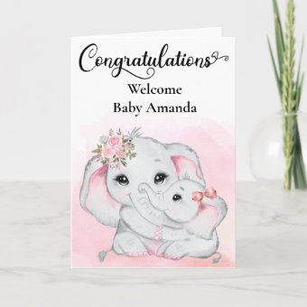 Cute Pink Elephant Mother Baby Congratulations Card | Zazzle
