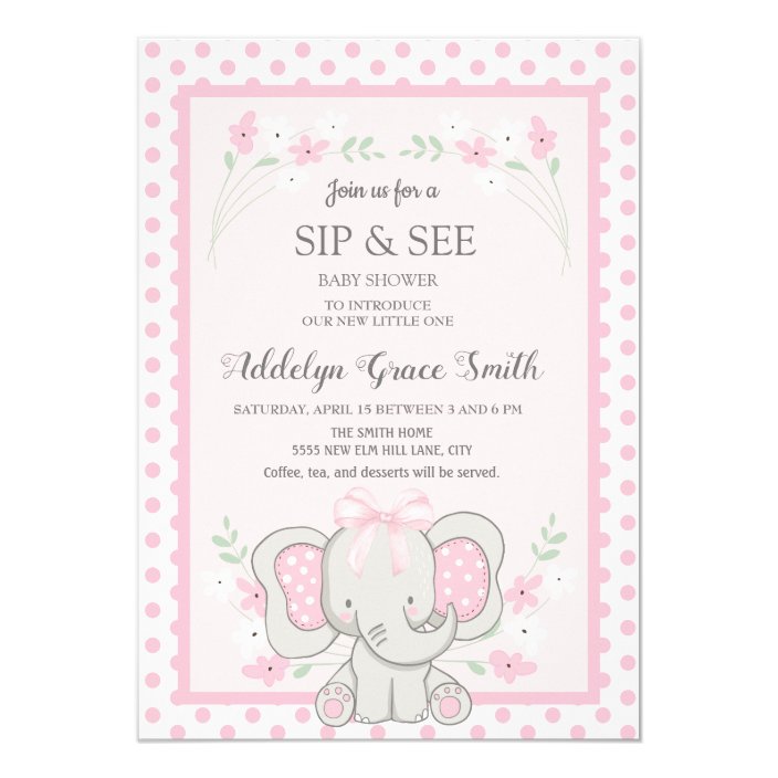 Cute Pink Elephant Polka Dots Flowers Sip See Baby Invitation | Zazzle.com