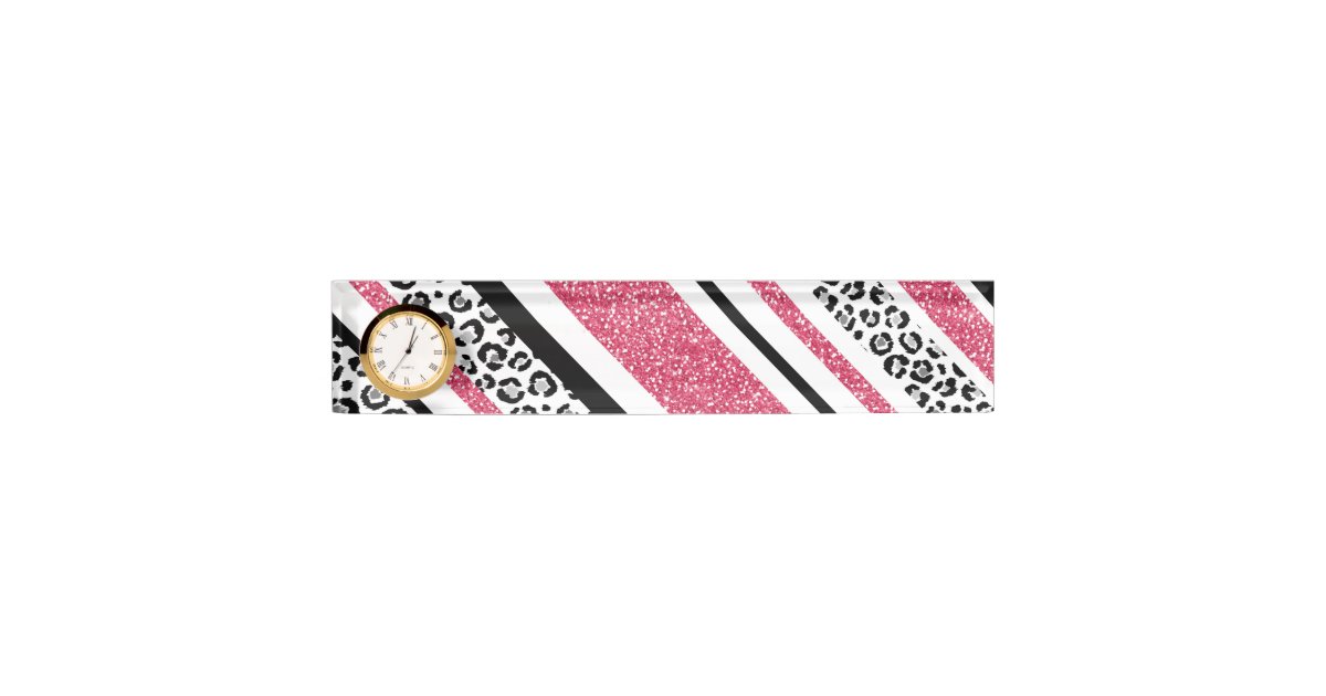 Cute pink faux glitter leopard print stripes name plate | Zazzle