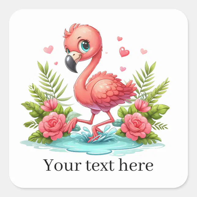 Cute pink flamingo flowers add text square sticker | Zazzle