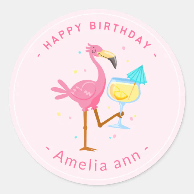 CUTE PINK FLAMINGO HAPPY BIRTHDAY GIRL CLASSIC ROUND STICKER | Zazzle