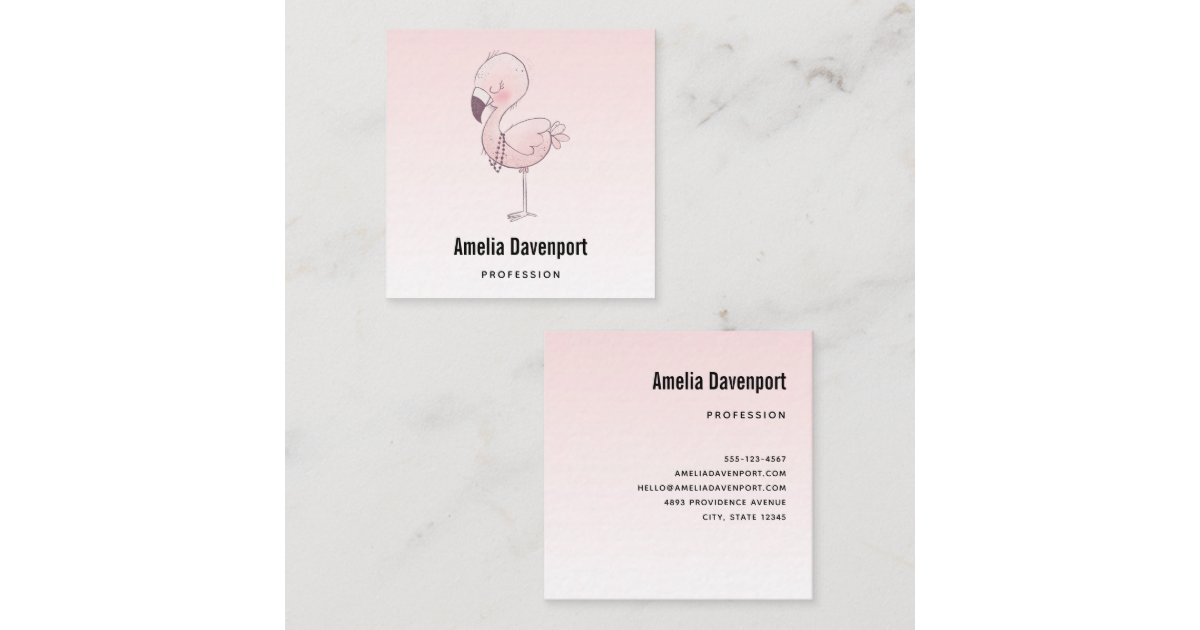 Cute Pink Flamingo Illustration Square Business Card | Zazzle