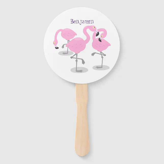 Cute pink flamingo trio cartoon illustration hand fan | Zazzle