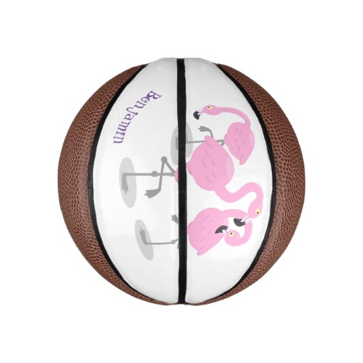 Cute pink flamingo trio cartoon illustration mini basketball | Zazzle