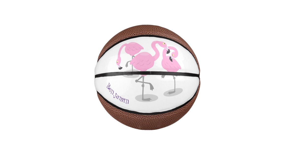 Cute pink flamingo trio cartoon illustration mini basketball | Zazzle