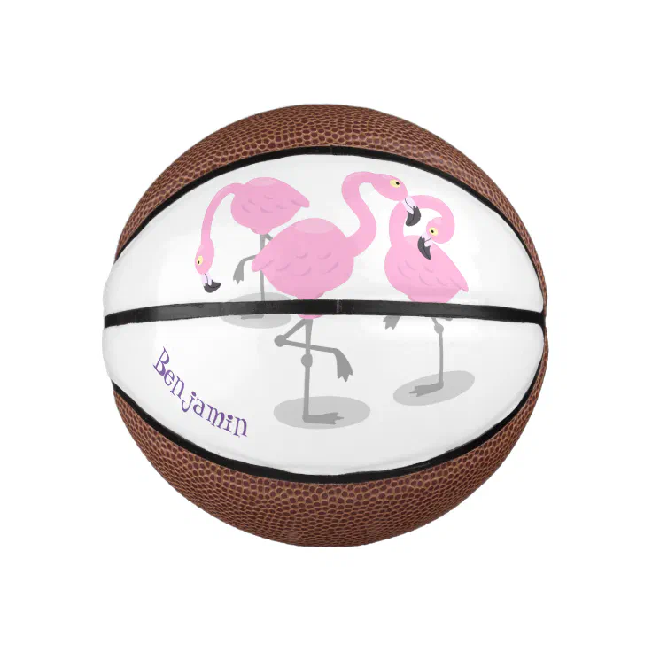 Cute pink flamingo trio cartoon illustration mini basketball | Zazzle