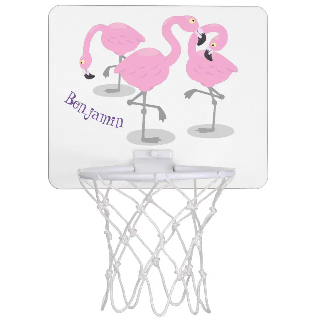 Cute pink flamingo trio cartoon illustration mini basketball hoop | Zazzle