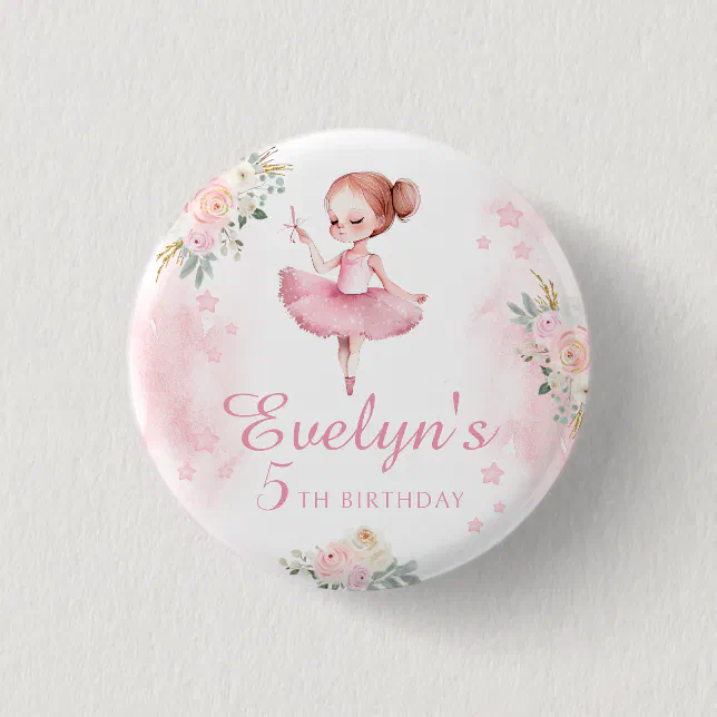 Cute pink floral ballerina birthday girl button | Zazzle