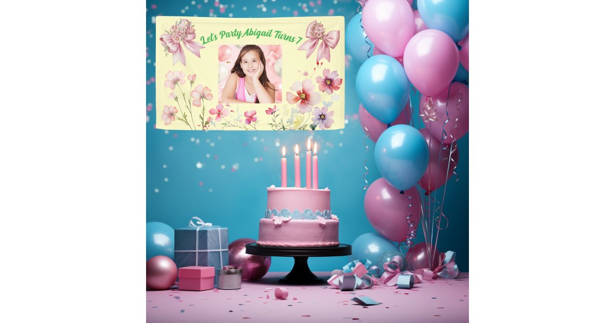 Cute Pink Floral Bow Girly Photo Birthday Banner | Zazzle